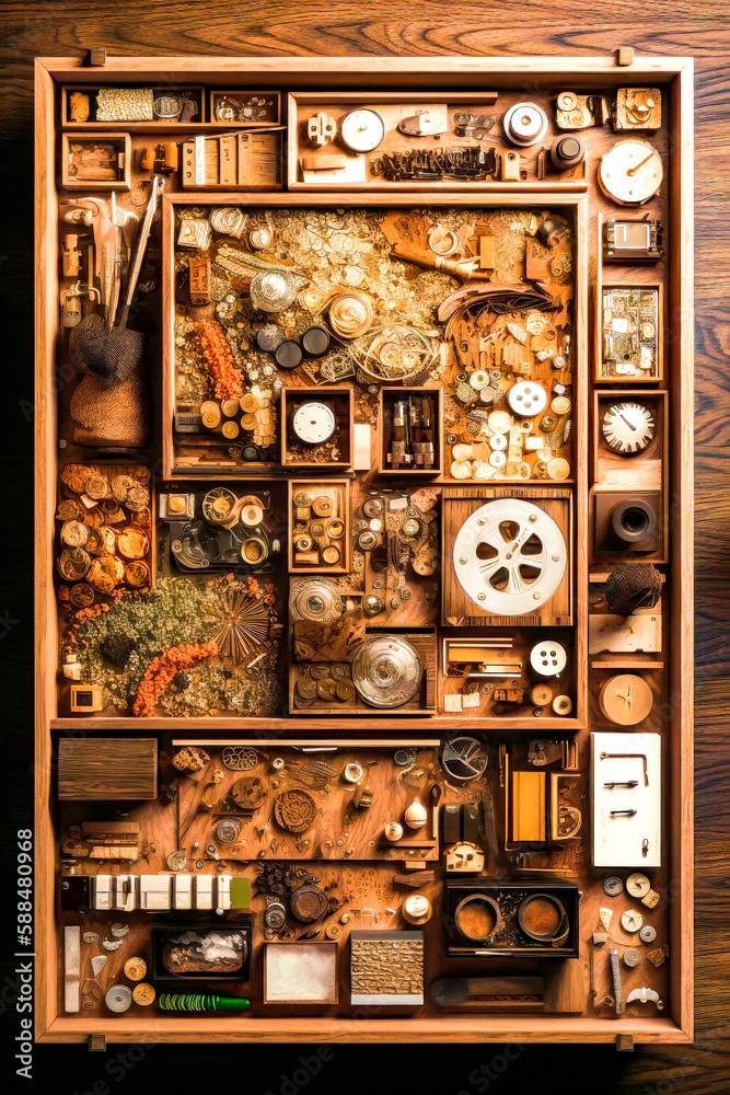 Wooden box filled with lots of different types of buttons and other ...