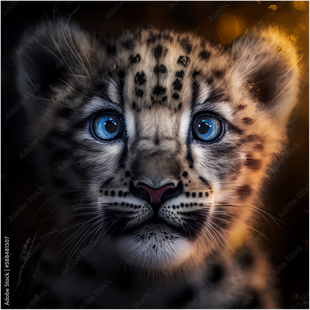 Cartoon Close up Portrait of a Cute Funny Baby Snow Leopard Closeup on ...