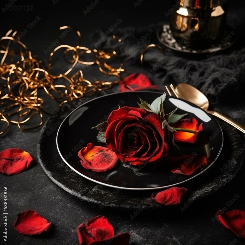 Beautiful romantic table setting on black background. Romantic dinner ...