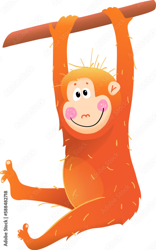 Cute Baby monkey orangutang hanging on branch illustration for kids ...