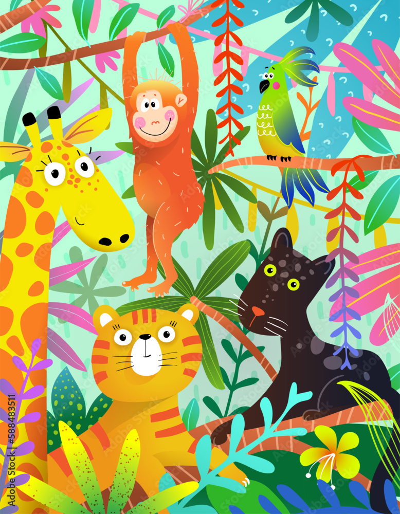 Animals in Colorful Wild African Jungle illustration for kids. Vibrant ...