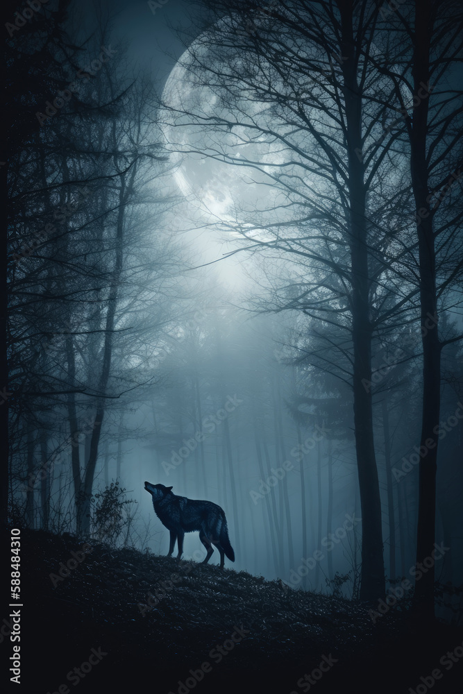 wolf howling at the moon in a dark gloomy forest. AI Stock Illustration ...