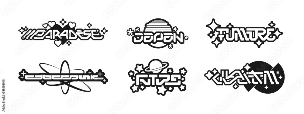 Y2k badges, stickers, logo. Futuristic lettering, cyber digital design ...