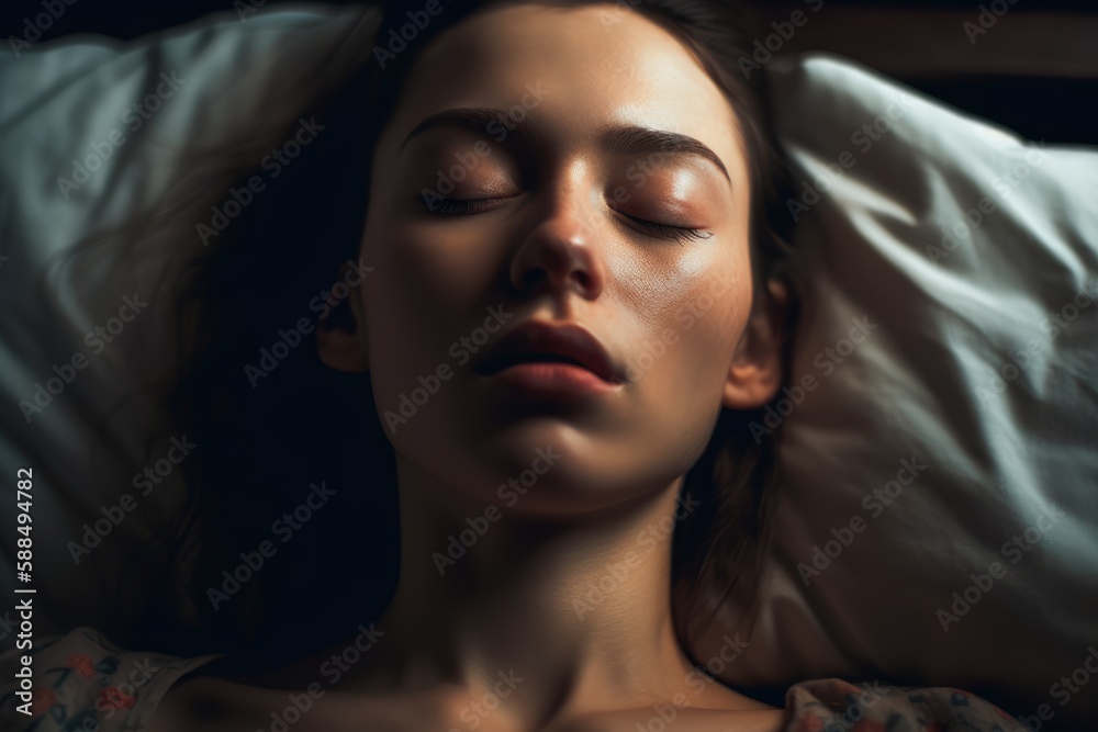 Very attractive woman, lying in bed, sleeping, with her mouth slightly ...