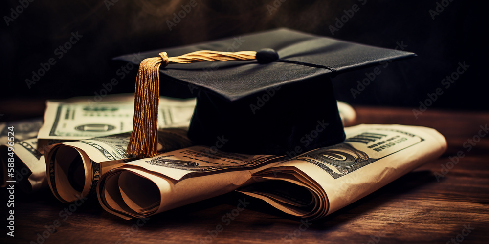 Graduation cap on money pile concept for education expenses Generative ...