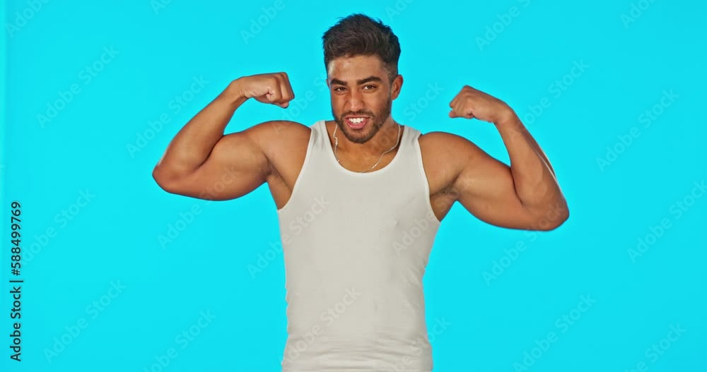 Video „Fitness, green screen and man flexing muscle on mockup space for ...