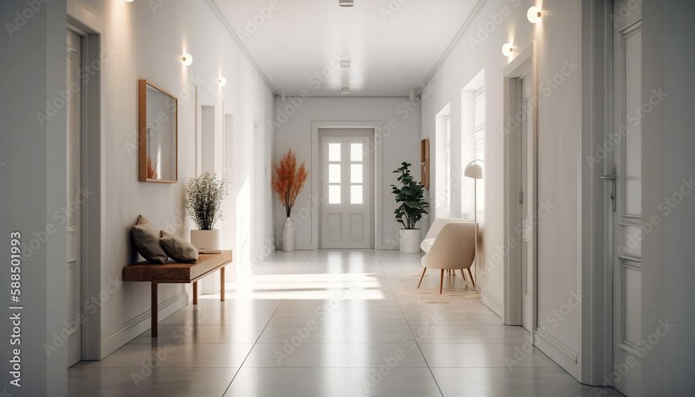 Interior design of modern white entrance hall with doors. Created with ...