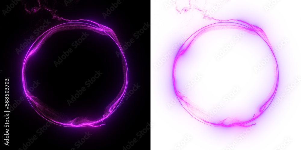 Abstract purple ring of light with plasma effect on a black and ...