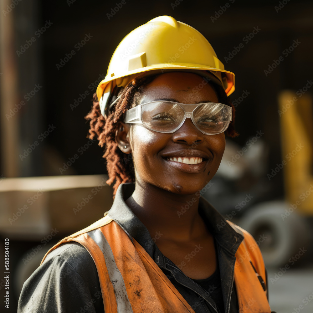 African American woman wearing work uniform, safety gear, generative ai ...