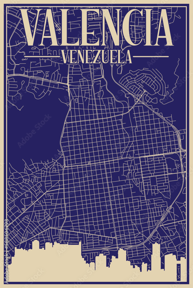 Colorful hand-drawn framed poster of the downtown VALENCIA, VENEZUELA ...
