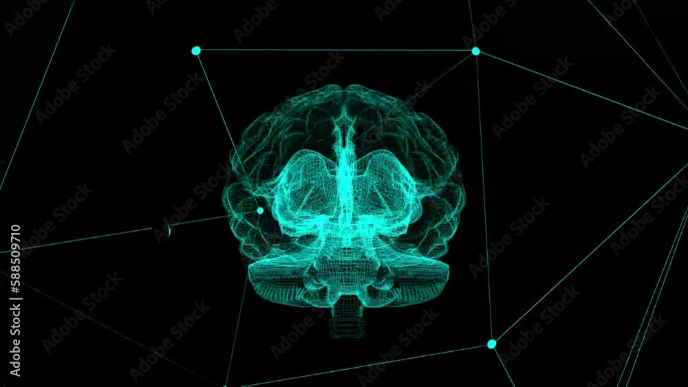 Rotating Neon Blue Human Brain Model Animation. Artificial Intelligence ...