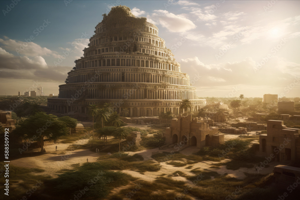 Ancient city of Babylon with the tower of Babel, bible and religion. AI ...