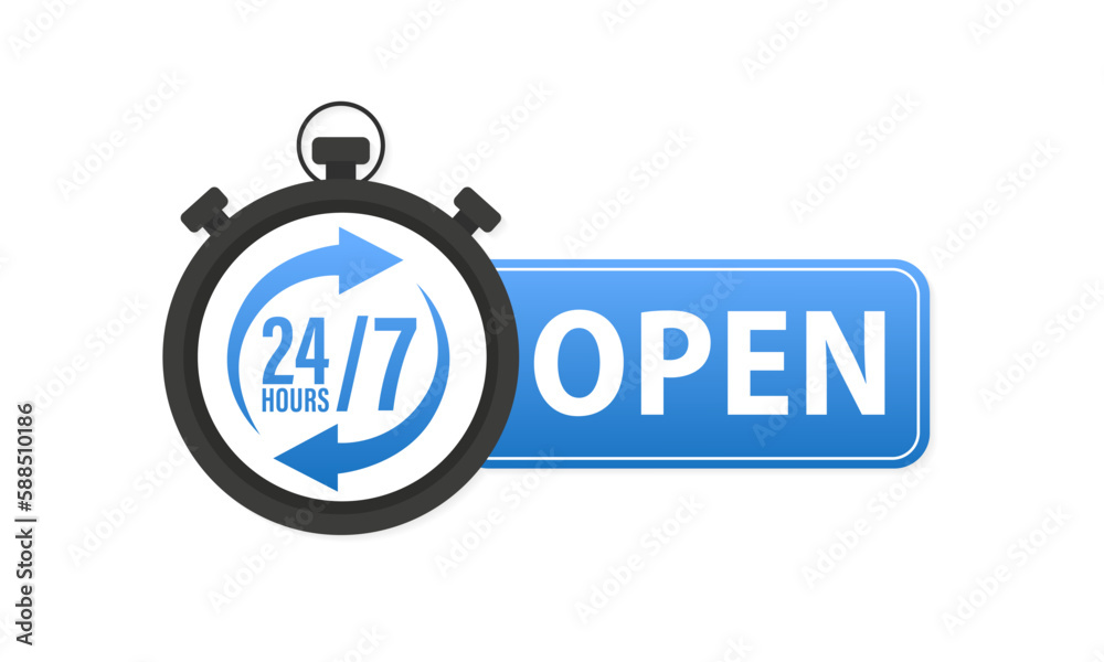 Stopwatch icon, service 24 7. 24-7 open concept vector illustration. 24 ...