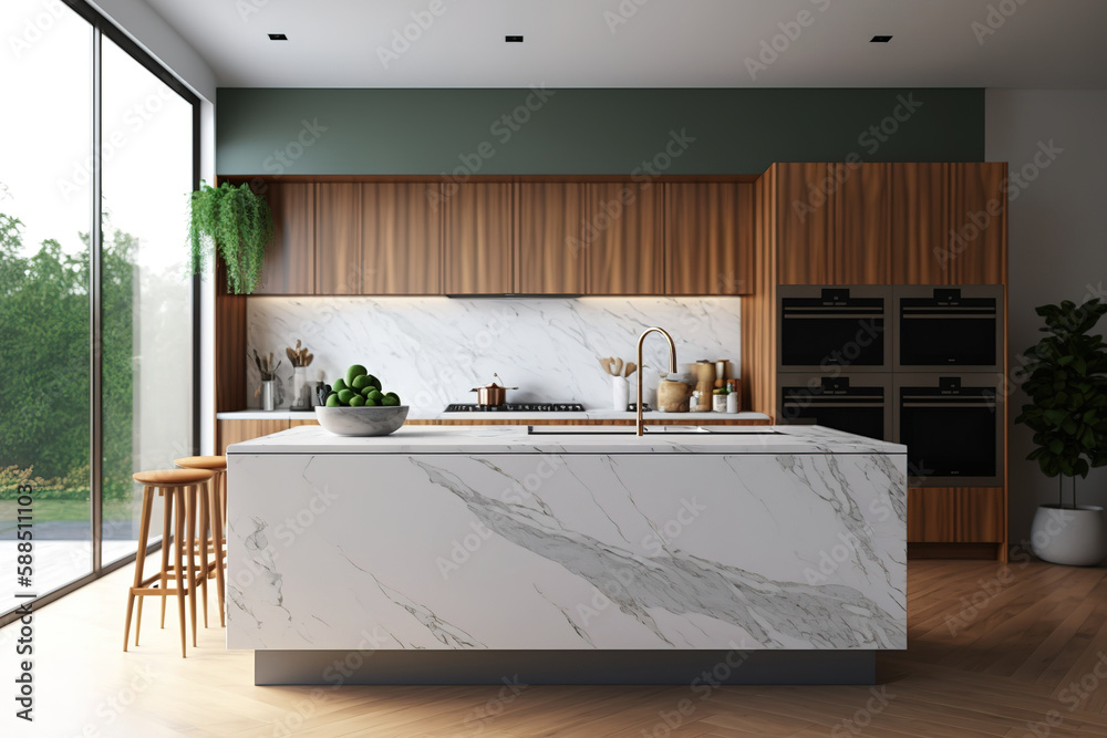 This modern kitchen interior design and décor mockup features built-in ...