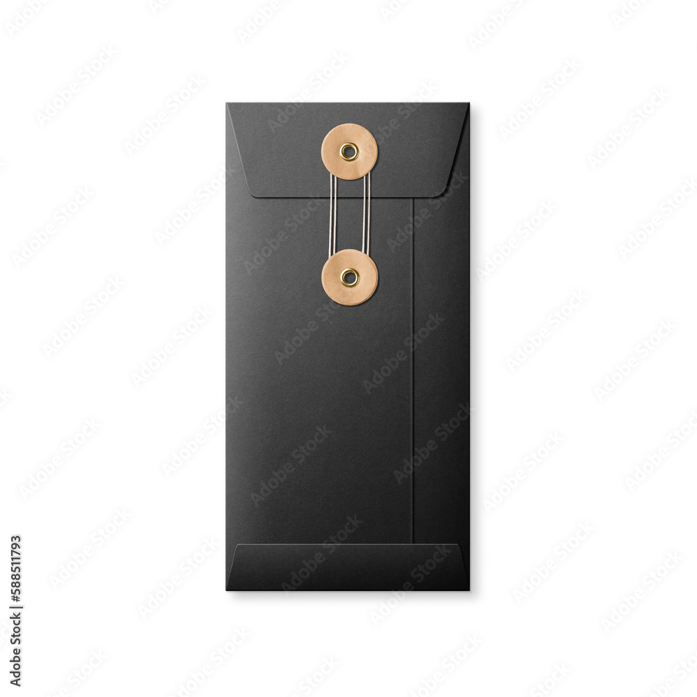 Black paper DL size string and brown washer envelope isolated on a ...