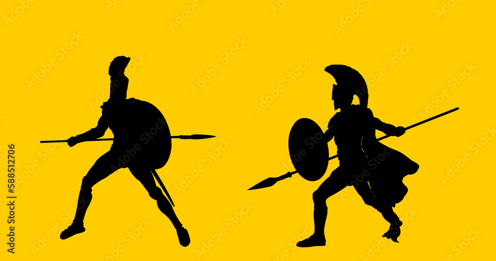 Greek hero ancient soldier in battle with spear and shield combat ...