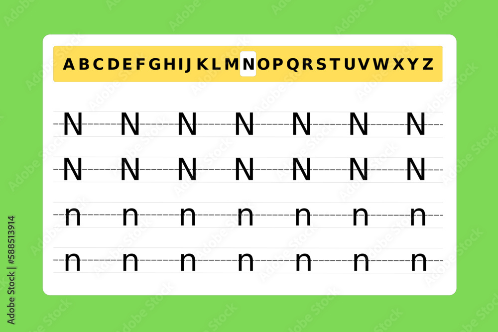 Trace letter N uppercase and lowercase. Alphabet tracing practice ...