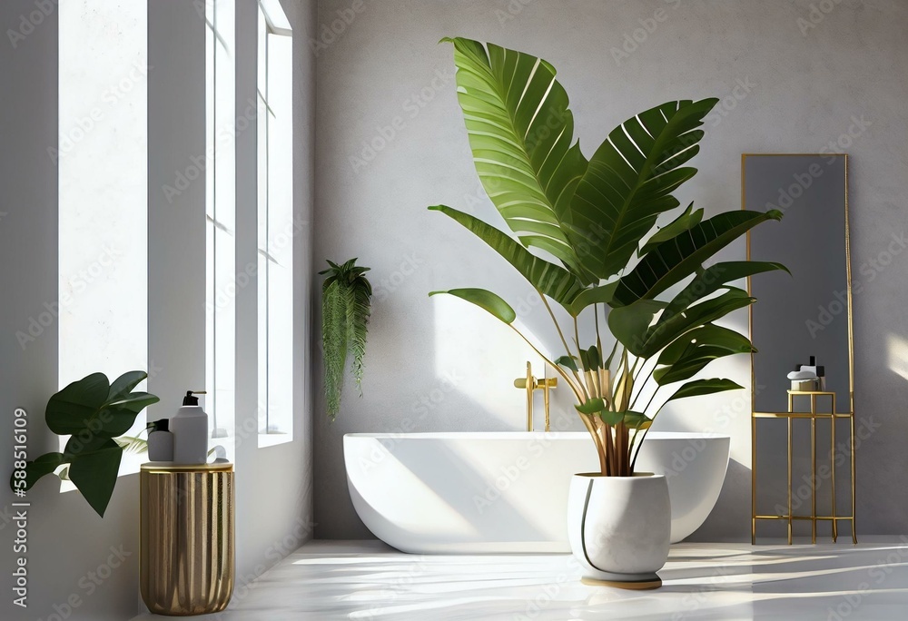 3D Modern, minimal design bathroom with white ceramic bathtub, banana ...