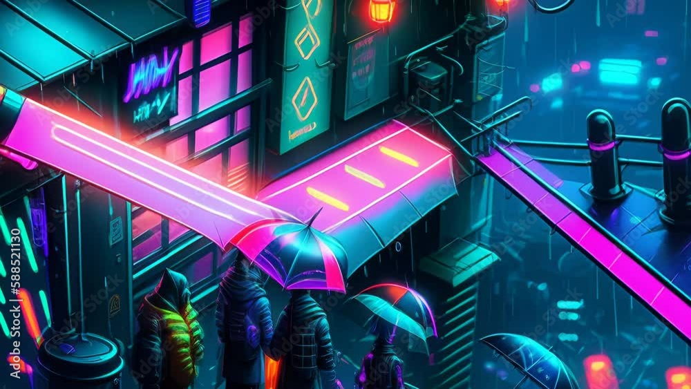 Rainy Cyberpunk Cityscape. High Tech Anime City with Glowing Vehicles ...