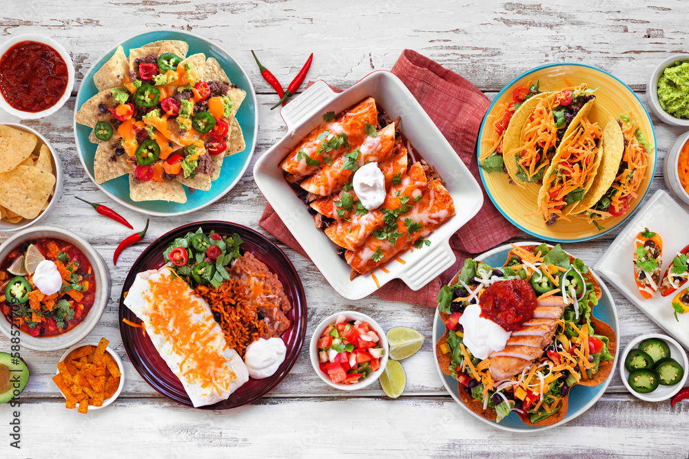 Mexican food table scene. Top view on a white wood background. Tacos ...