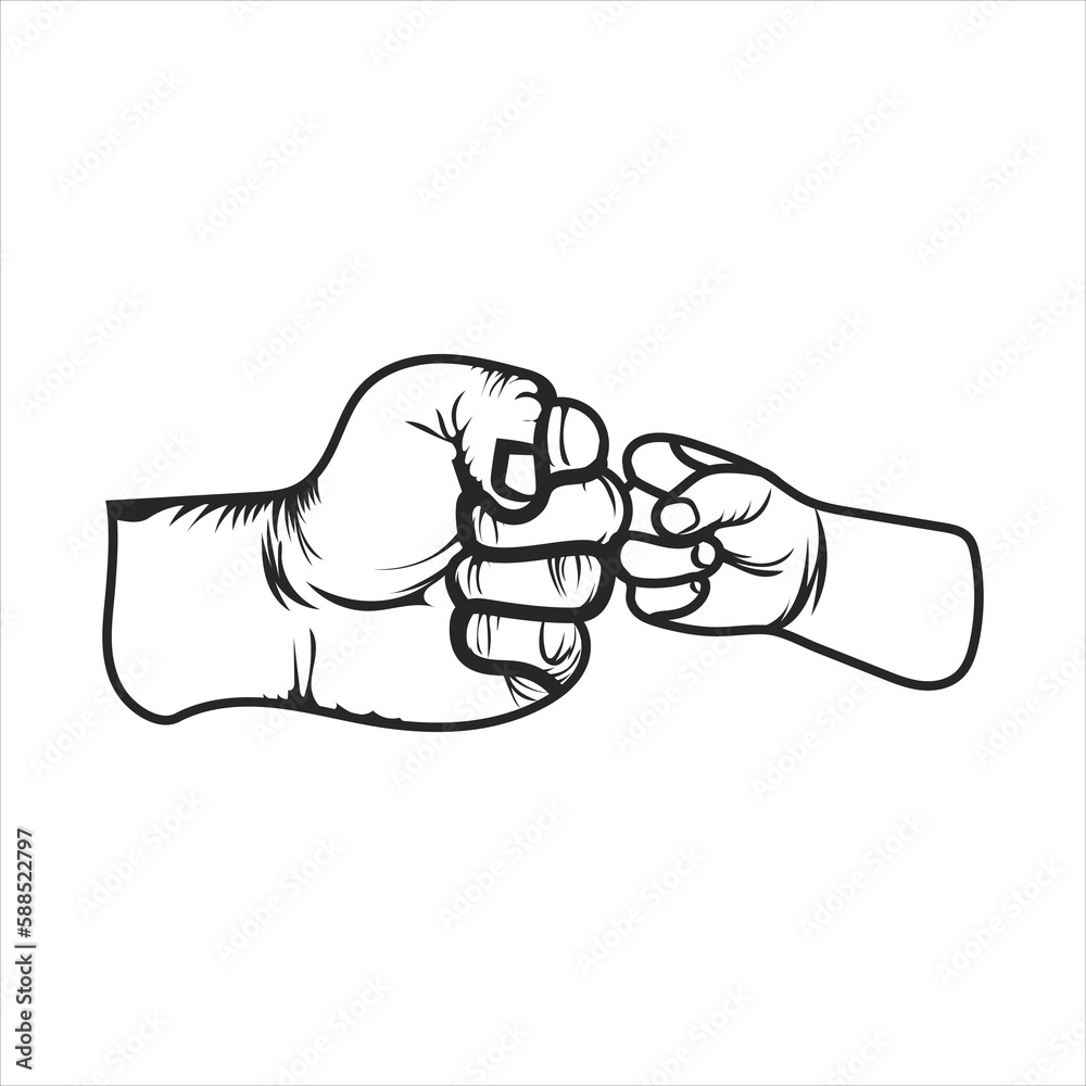 Black and white line drawing of a fist bump father and a fist bump son ...