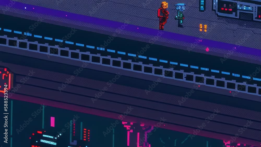 Flyover of an 8-Bit Video Game Style Pixelart Cyberpunk City. Pixel Art ...
