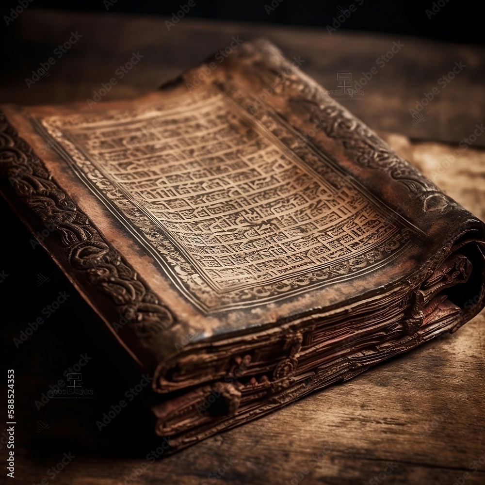 Old ancient book on a wooden background with sanskrit. Created with ...
