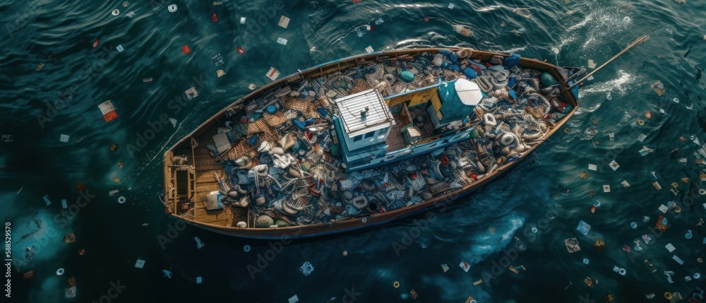 Polluted ocean, contamination of the sea caused, industrial waste, oil ...