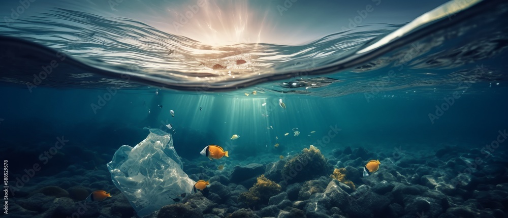 Polluted ocean, contamination of the sea caused, industrial waste, oil ...