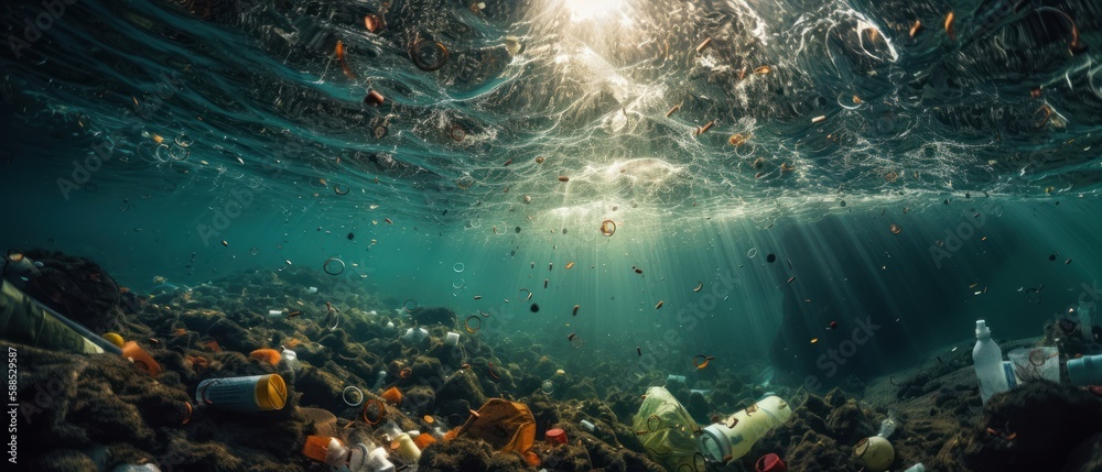 Polluted ocean, contamination of the sea caused, industrial waste, oil ...