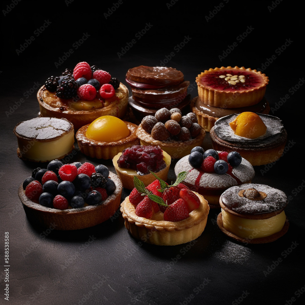 mini-gâteaux français (mini French cakes), macarons, madeleines ...