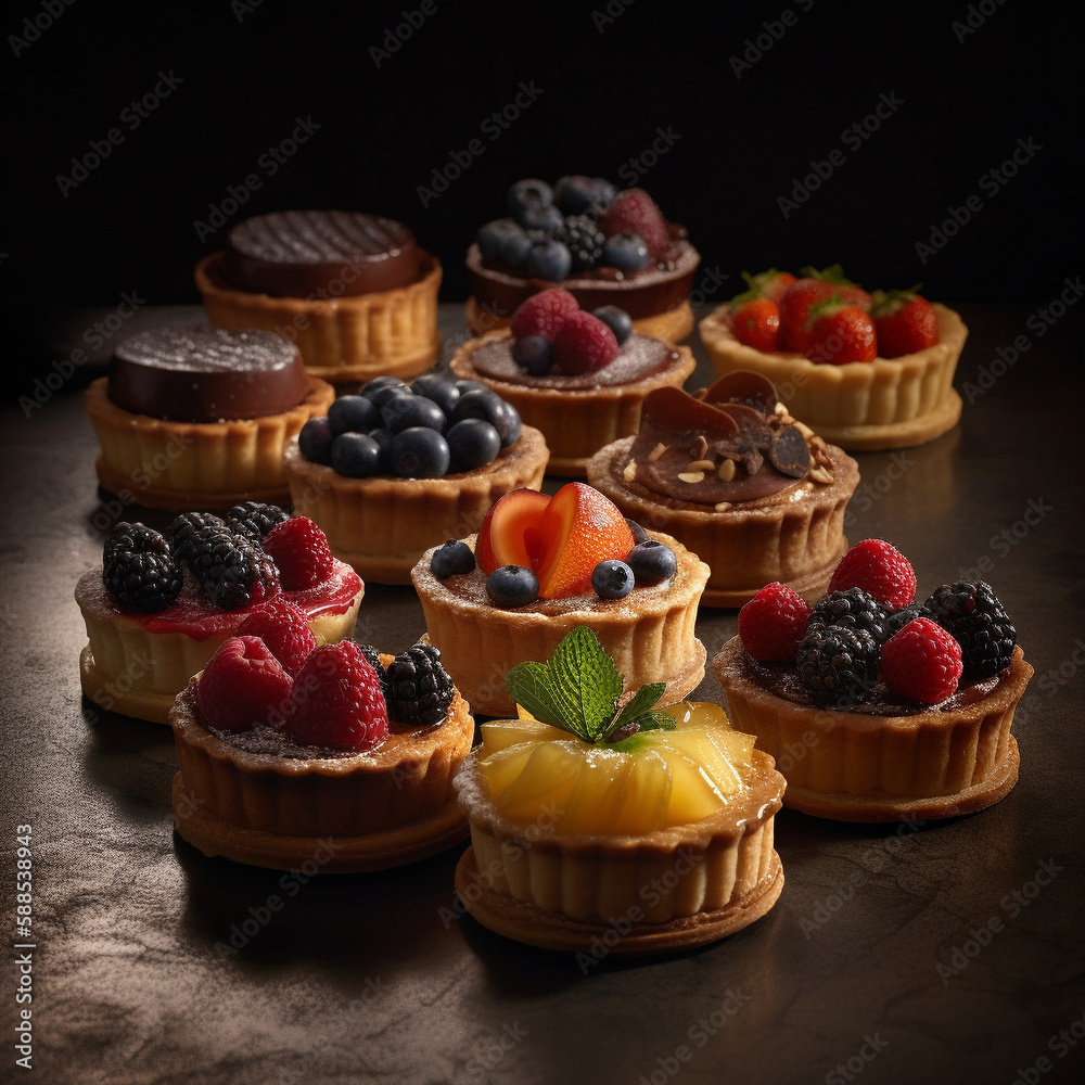 mini-gâteaux français (mini French cakes), macarons, madeleines ...