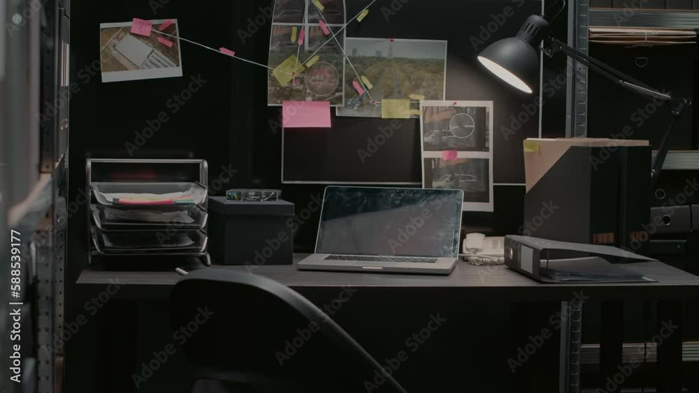 Empty police archive with case files for investigation, board filled ...