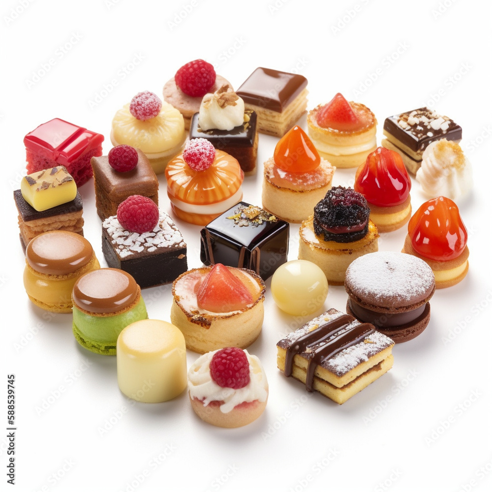mini-gâteaux français (mini French cakes), macarons, madeleines ...