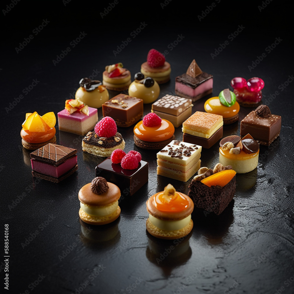 mini-gâteaux français (mini French cakes), macarons, madeleines ...