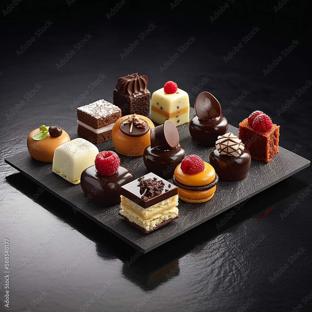 mini-gâteaux français (mini French cakes), macarons, madeleines ...