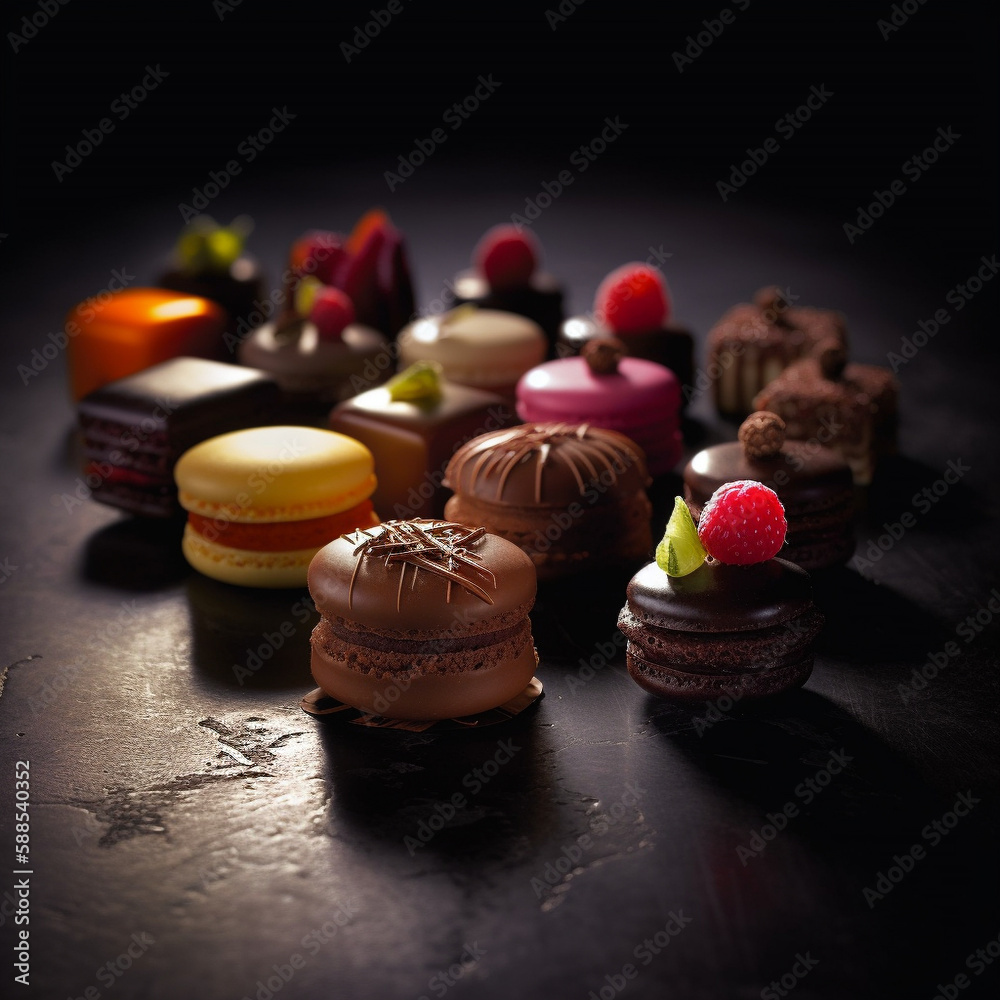 mini-gâteaux français (mini French cakes), macarons, madeleines ...