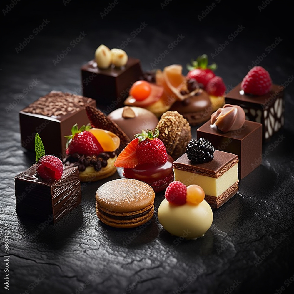 mini-gâteaux français (mini French cakes), macarons, madeleines ...