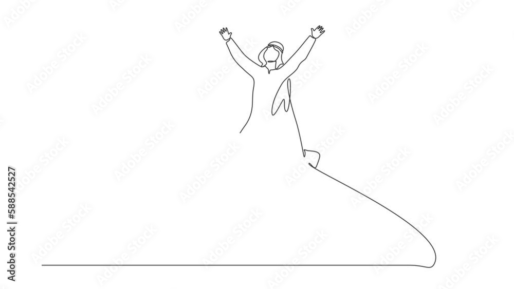 Animated self drawing of continuous line draw happy Arabian businessman ...