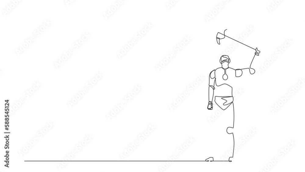 Animated self drawing of continuous line draw robots standing and lifting up big axe. Modern ...