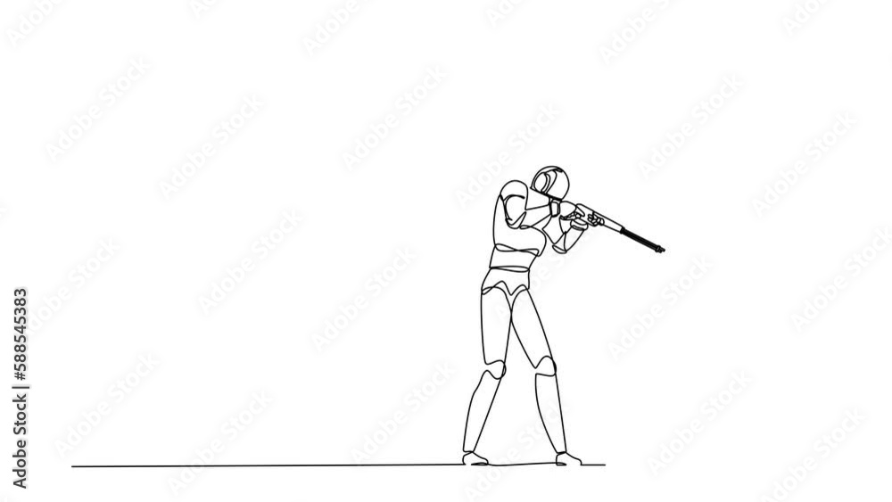 Self drawing animation of single line draw robot pointing shotgun at ...
