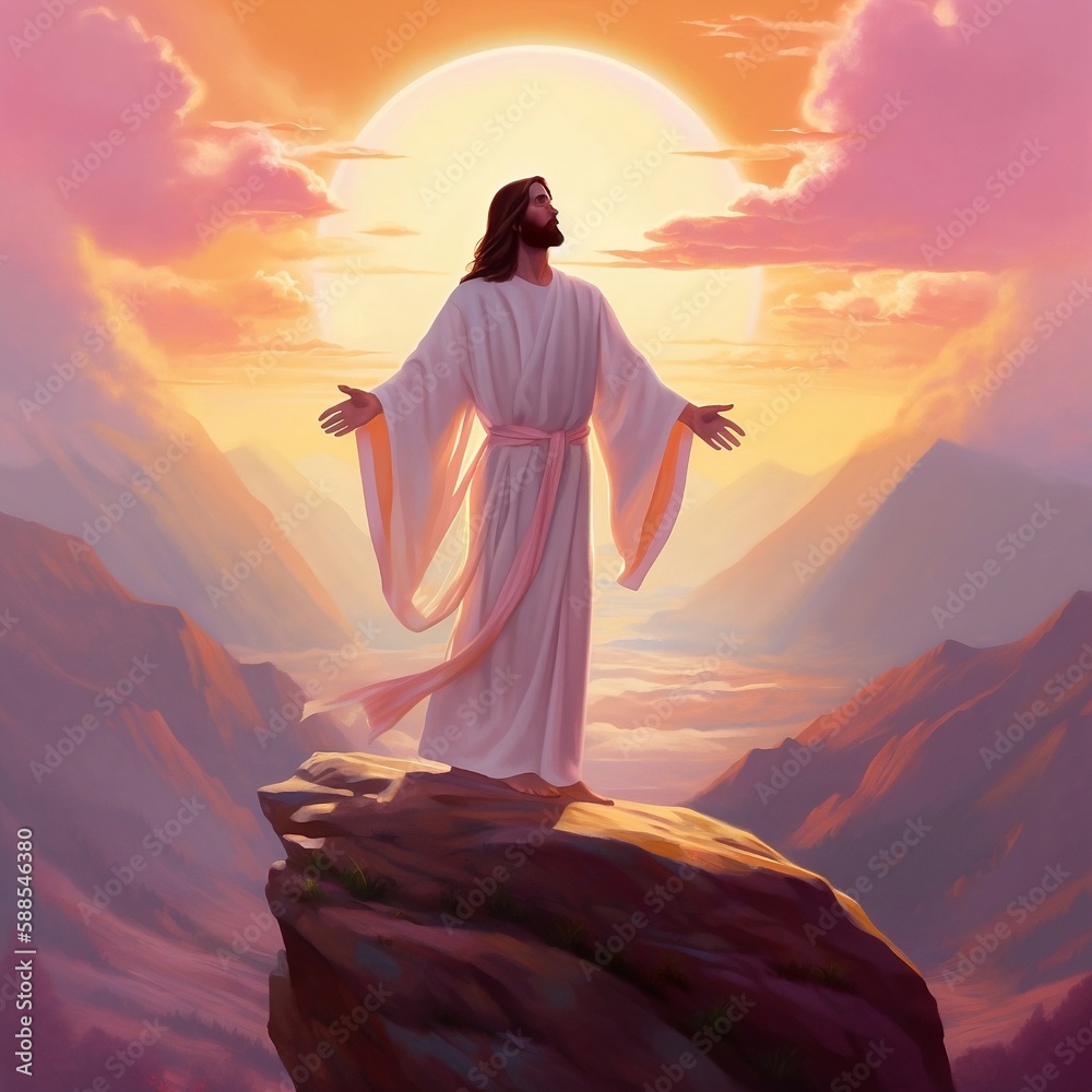 Jesus Christ in the sunset standing on the mountain, ascending to ...