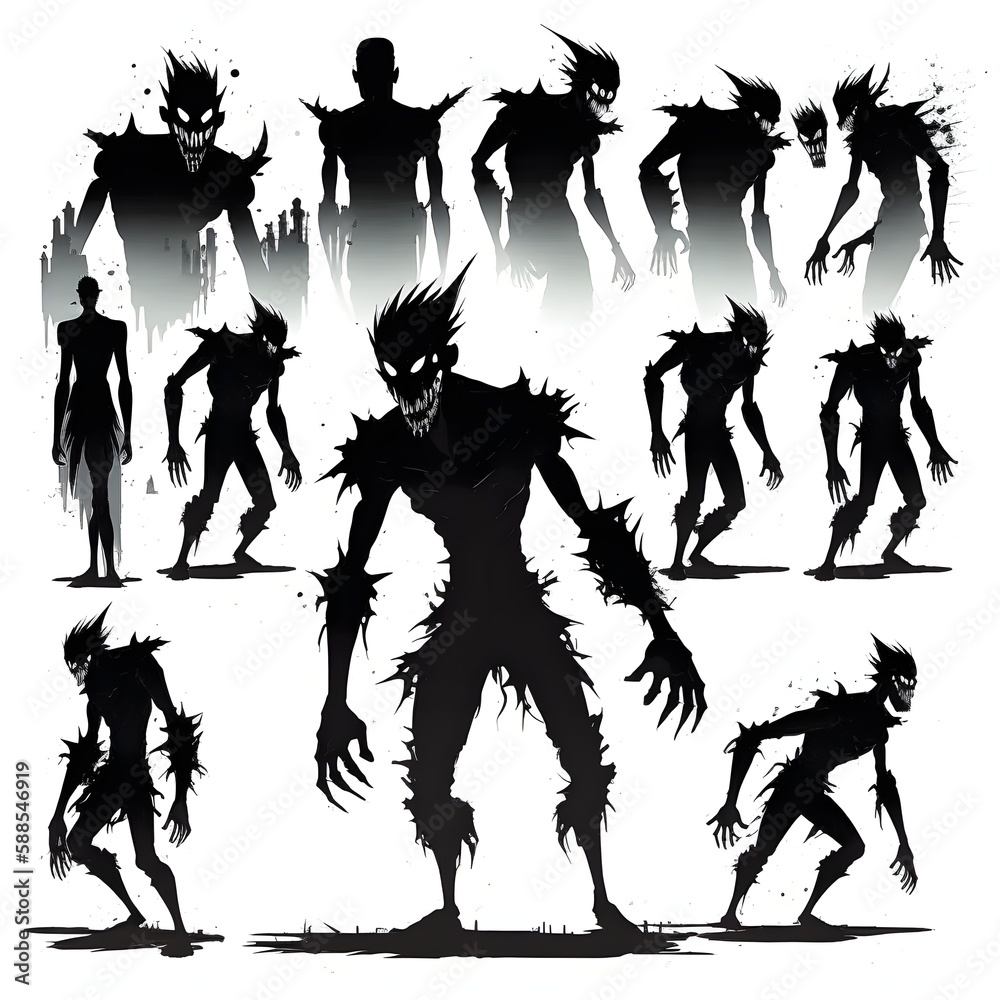 silhoutte only white background 10 dynamic poses concept character ...