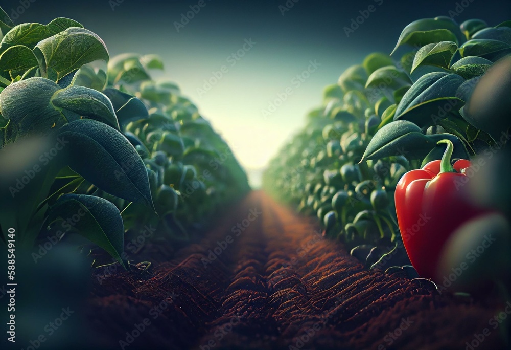 Background with a field of bell pepper plantations. Growing, harvesting ...