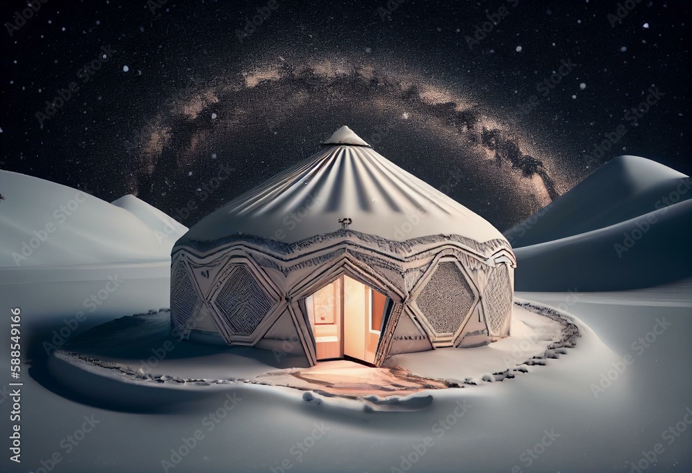 Raster illustration of snowy yurt at the north pole. Antarctica ...