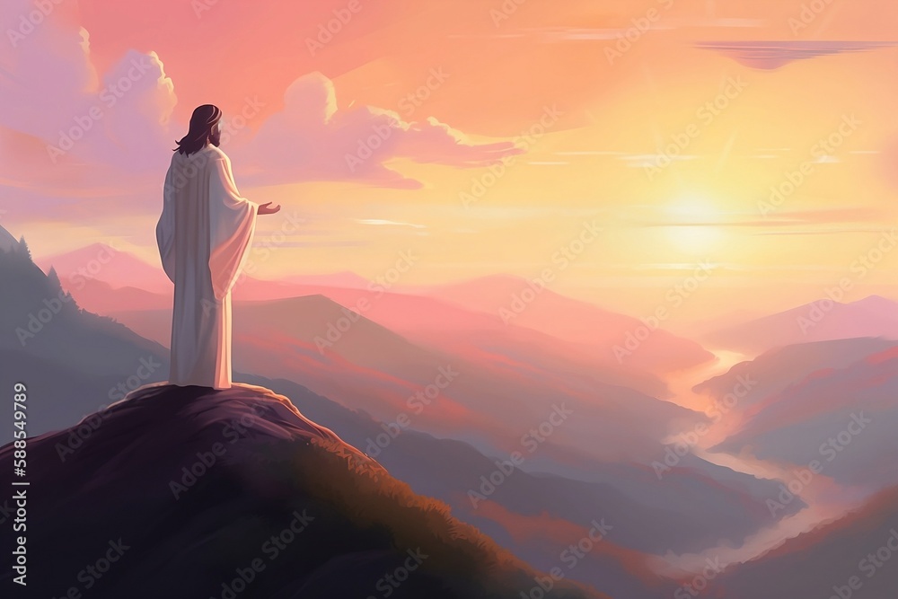 Jesus Christ in the sunset standing on the mountaintop, praying to God and in the field bright ...