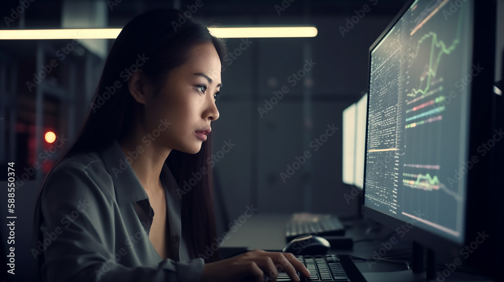 Young asian woman watching computer screens, business technology ...