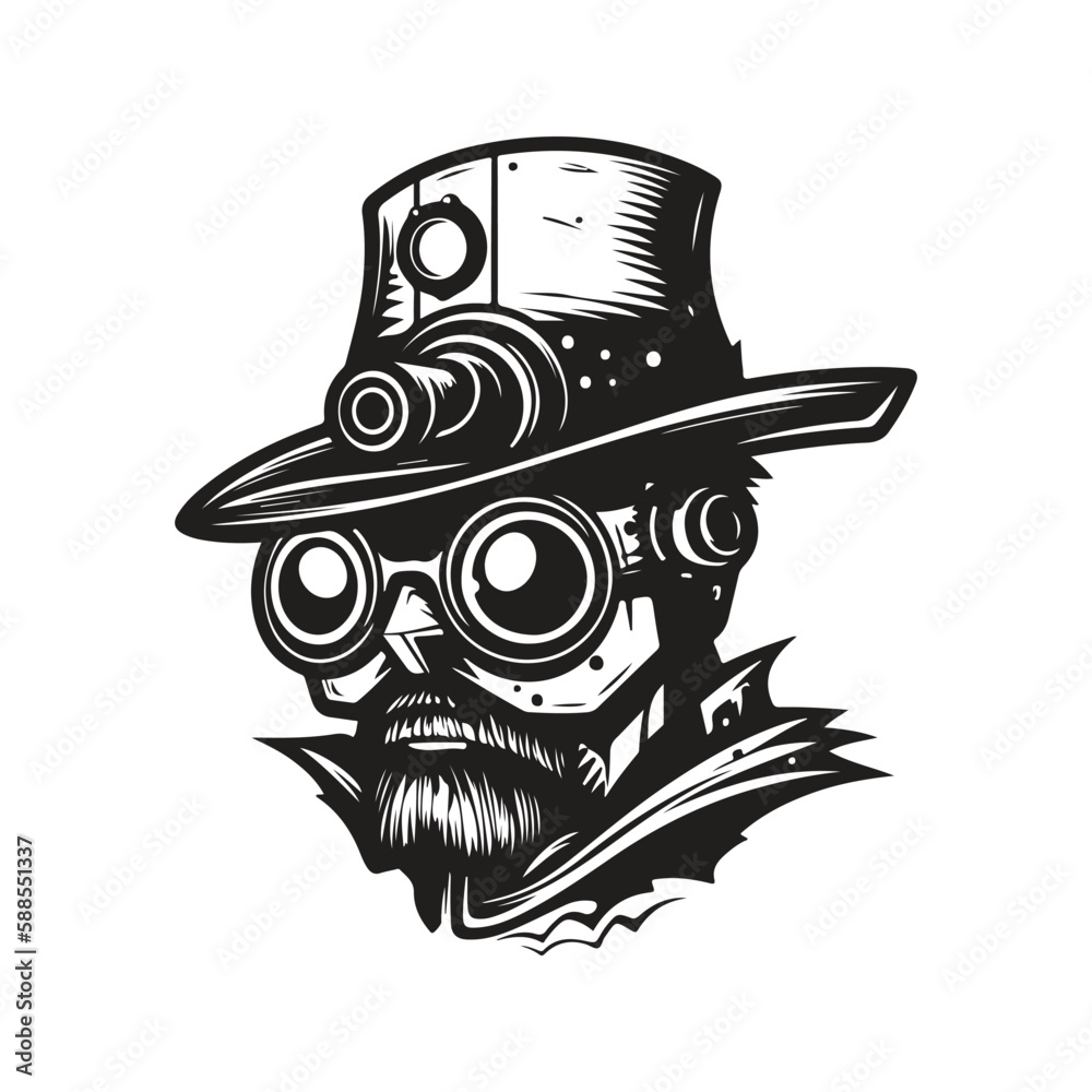 steampunk hat, logo concept black and white color, hand drawn ...