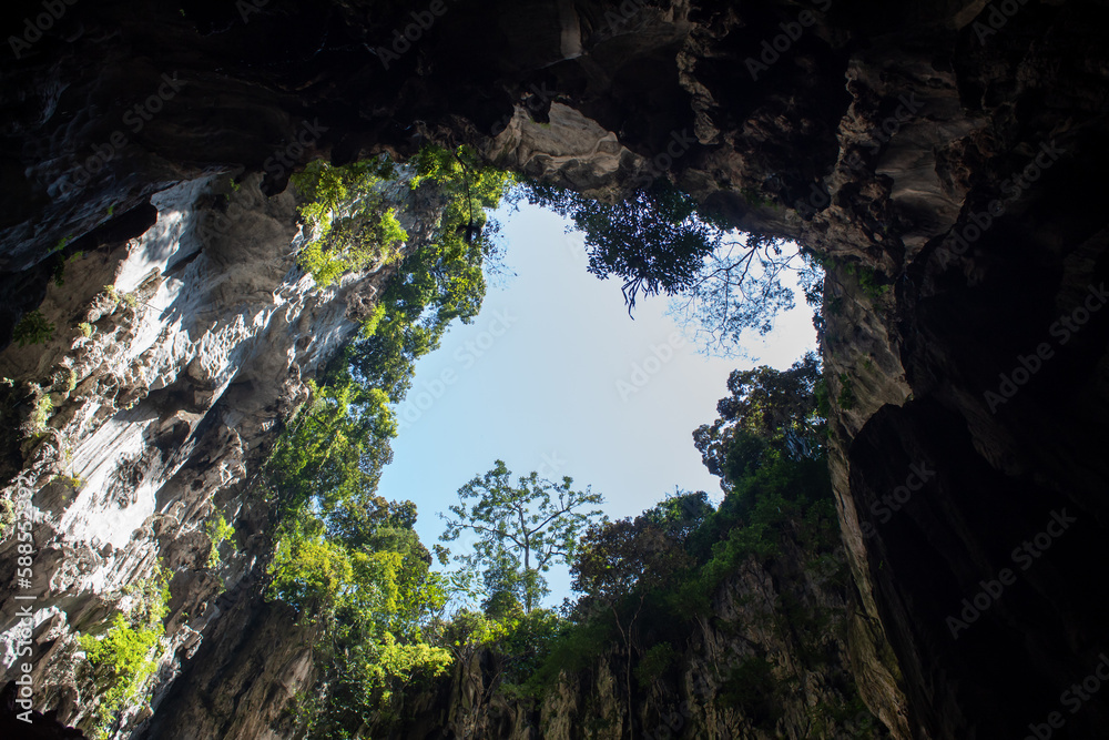 Karst rock formations covered in vegetation, from inside the Batu Caves ...