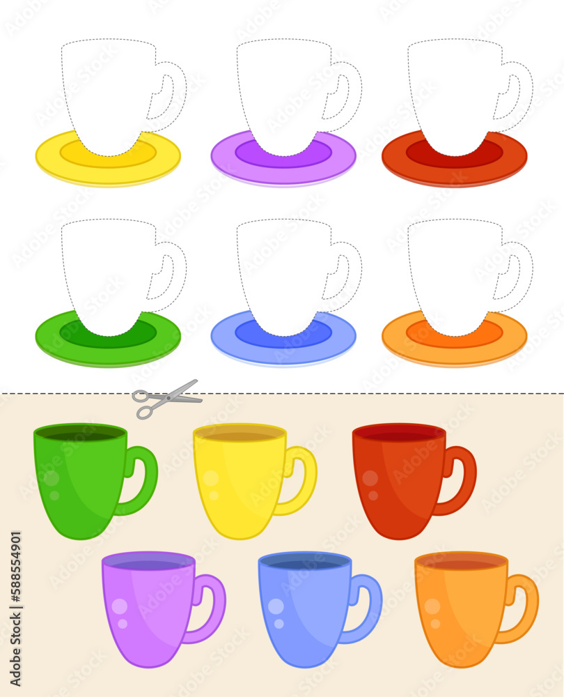 Matching children educational game. Cut out and glue cups in the ...